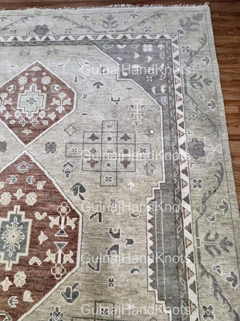 Hand Knotted Oushak Style Rug Neutral Wool Medallion Area Rug Ivory ...