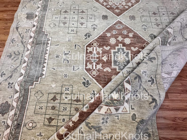Hand Knotted Oushak Style Rug Neutral Wool Medallion Area Rug Ivory ...