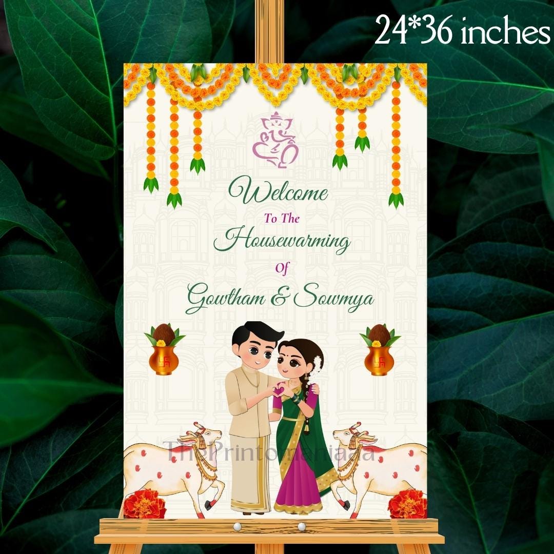 Family Grihapravesh Welcome Sign, Pichwai Cow Traditional Marigold ...