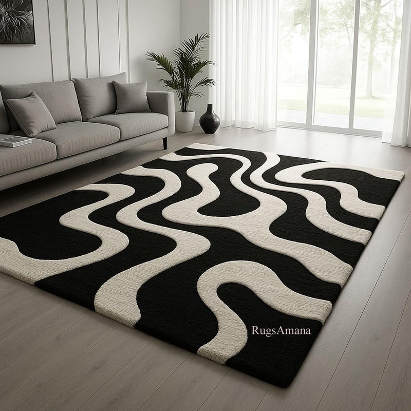 Black Wool Floral Rug - Etsy