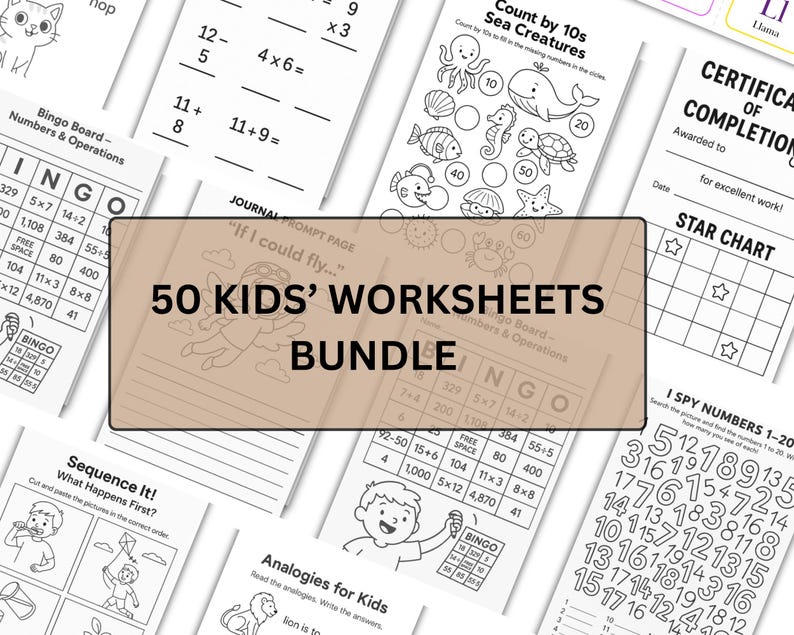 50 Kids Worksheets Bundle | Printable Learning Activities | Educational ...
