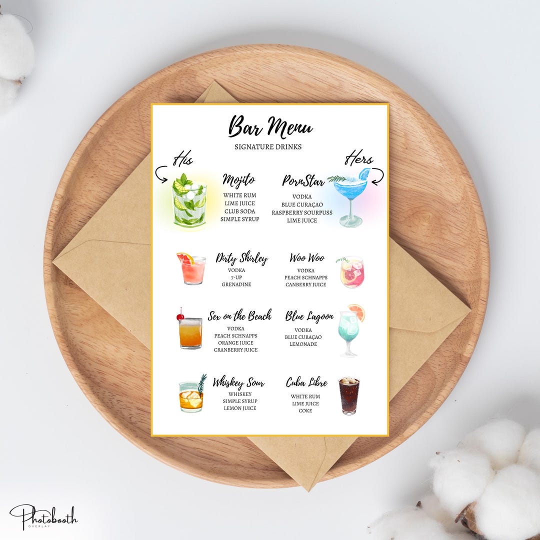 Wedding Cocktail Menu Template, Cocktail Recipe, Elegant Design ...