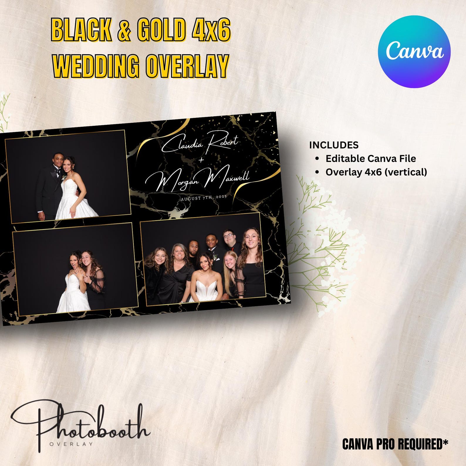 Black and Gold Wedding Photobooth Template, Elegant Photo Frame (canva ...