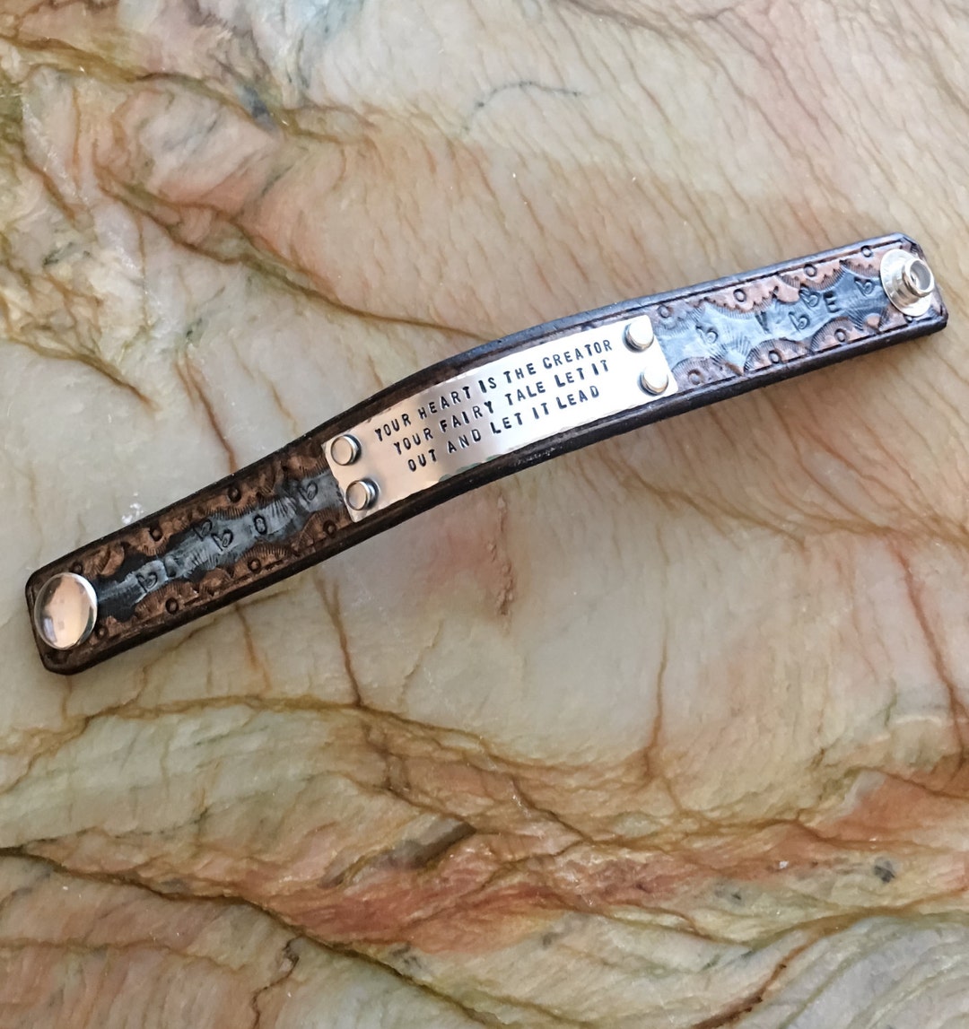 Personalized Leather Cuff Bracelet, Custom Metal Stamped Cuff, Leather ...
