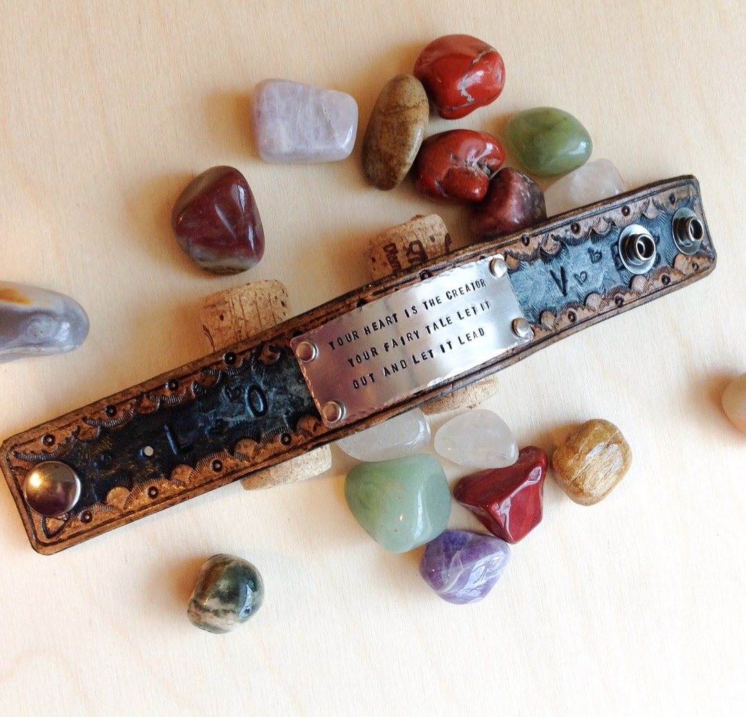 Personalized Leather Cuff Bracelet, Custom Metal Stamped Cuff, Leather ...