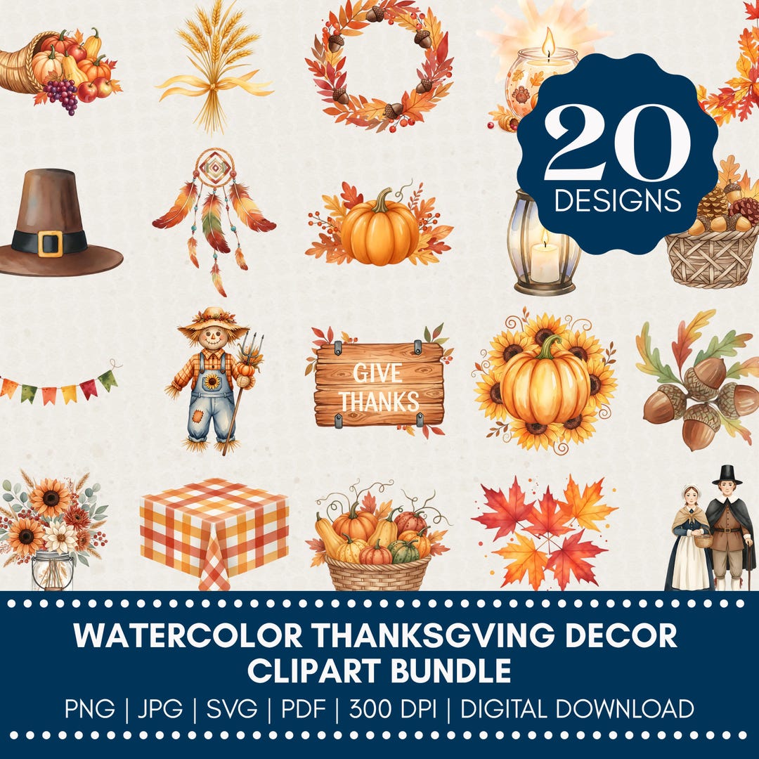 Watercolor Thanksgiving Clipart Bundle PNG, SVG, JPG, Pdf, 20 Fall ...