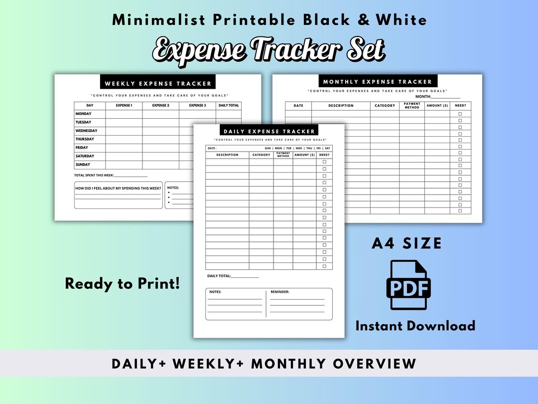 Simple Printable Expense Tracker, 3-page Daily Weekly Monthly Overview ...