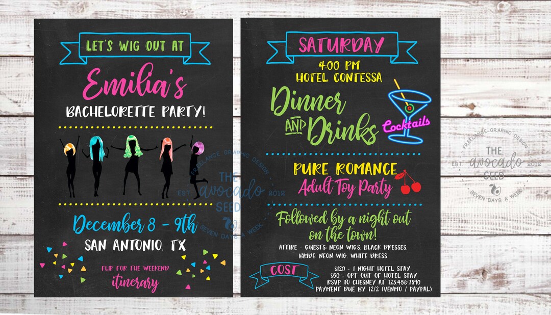 Neon - Wiggin' Out Bachelorette Party Invite With Itinerary (also ...