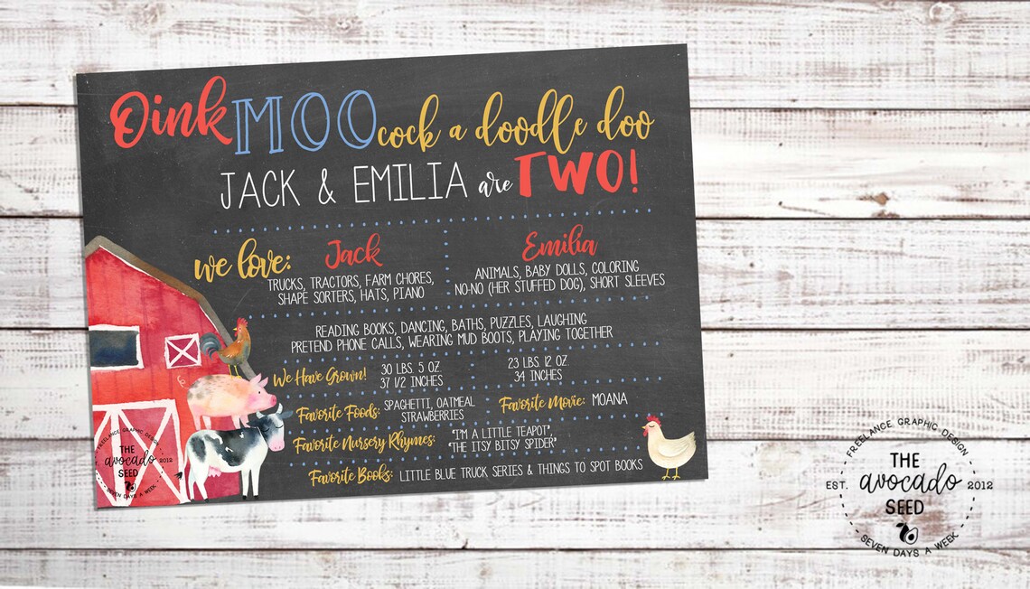 Oink Moo Cock a Doodle Doo Farm Animals - Birthday Stats Milestone Art ...