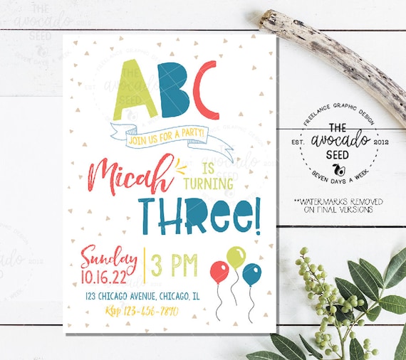ABC Birthday or Any Event Invitation Bright Color Version - Etsy