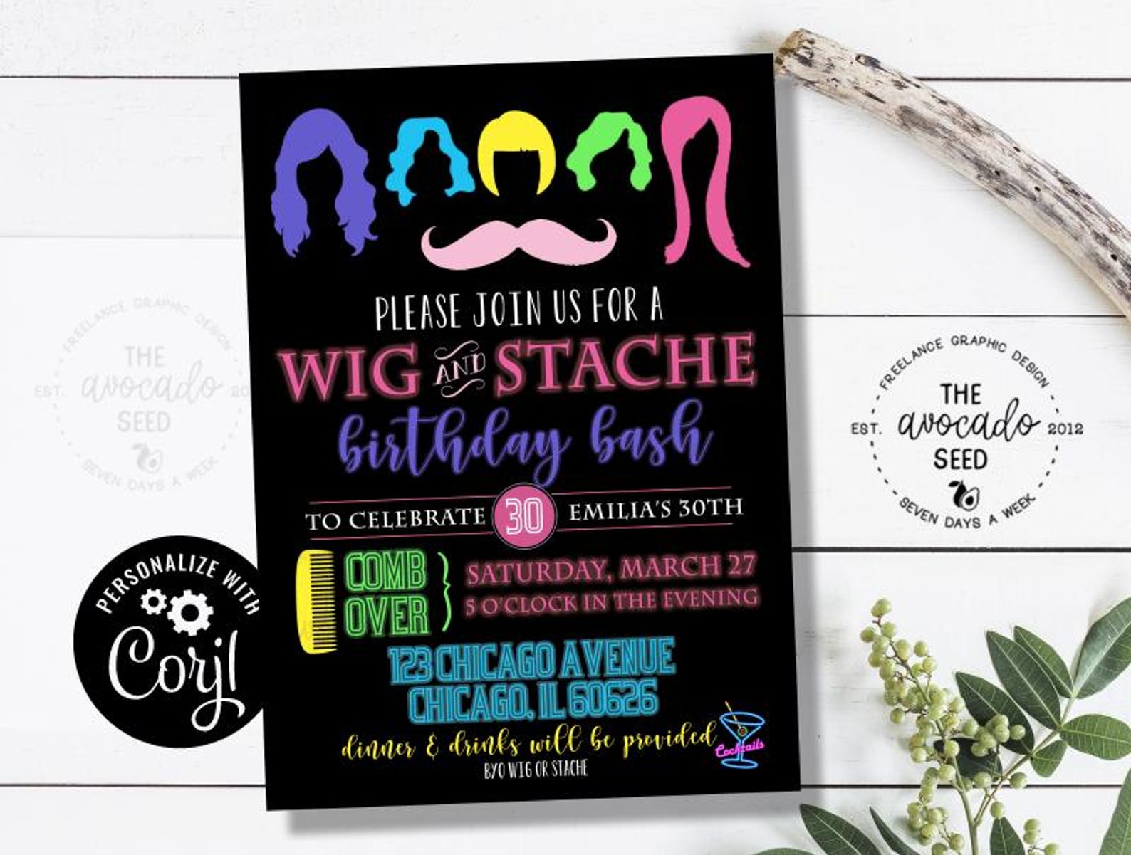 Wig and Stache Bash Birthday Party Invitation - Corjl Version - Etsy