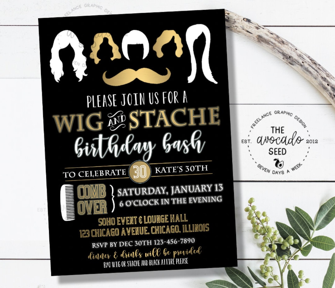 Black and Gold- Wig or Stache Bash - Prints or Digital File - Etsy
