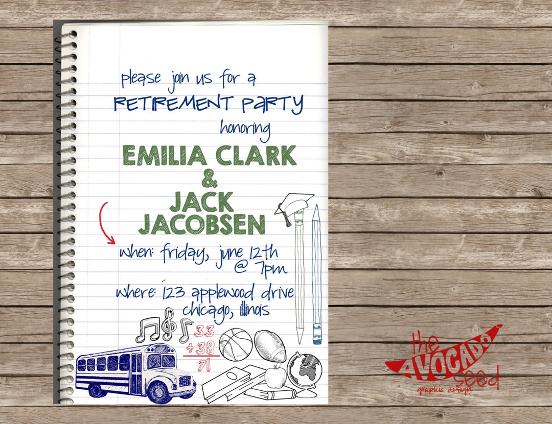 School Teacher Retirement Party Invitation Notebook Design ...