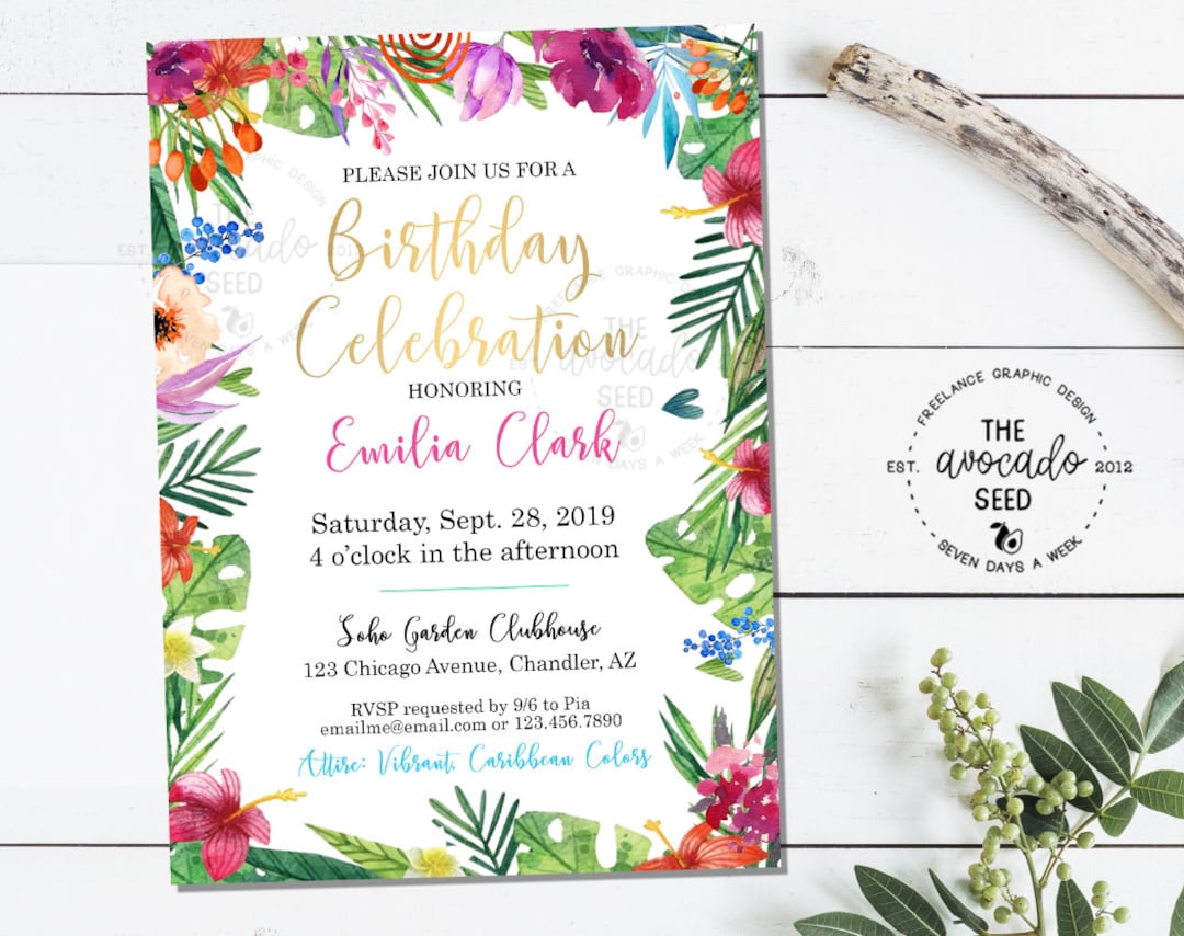 Caribbean, Hawaiian Floral Birthday Invitation - Digital File or Prints ...