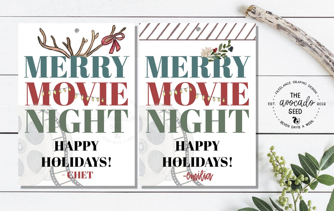 Merry Movie Night - Holiday Gift Basket Tag - Digital File (instant ...