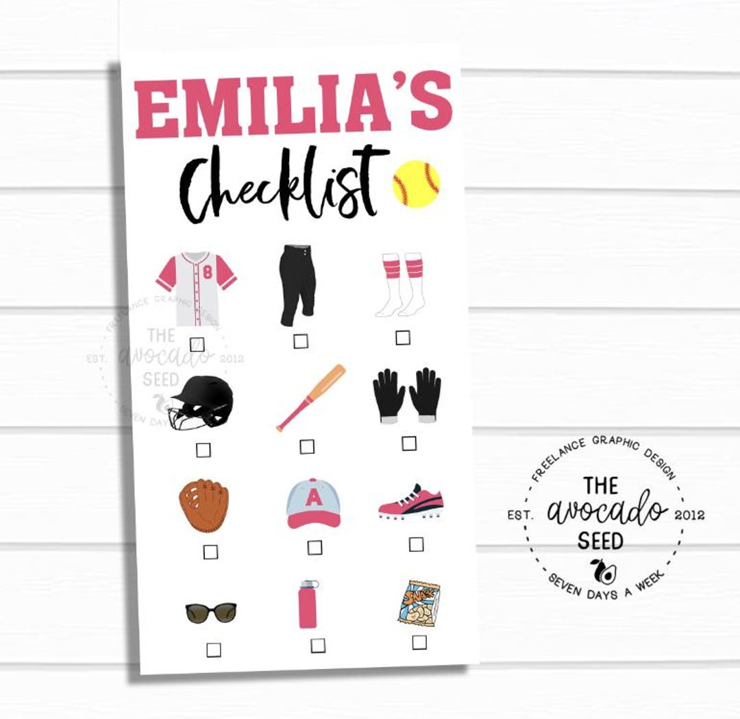 Softball Checklist - Any Team Colors, Can Add Logo - Digital File or ...