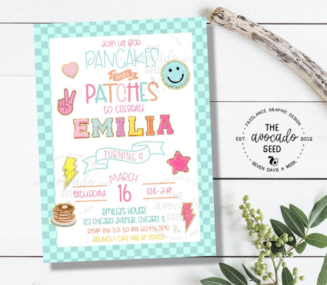 Pancakes and Patches - Chenille Patch Party - Birthday Party Invitation ...