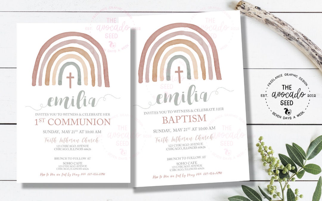 Boho Rainbow Baptism or First Communion Invitation - Professional ...