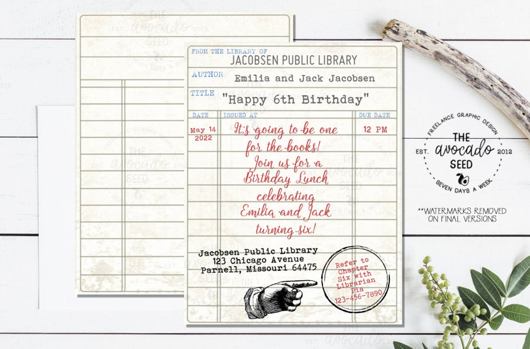 Vintage Library Card Birthday Invitation - Digital File or Prints ...