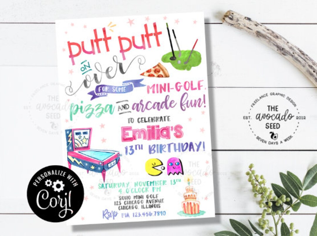 Mini Golf, Pizza, Arcade Birthday Party Invitation Girl/ Pink - Corjl ...
