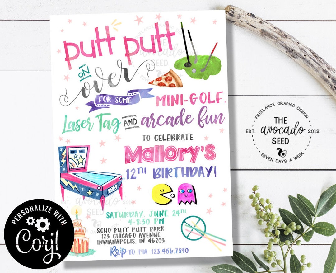 Mini Golf, Laser Tag, Arcade Birthday Party Invitation Girl/ Pink ...