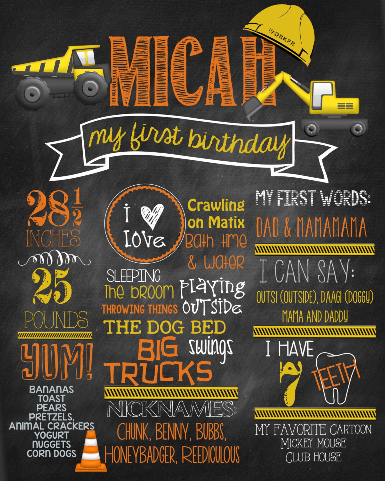 Construction Birthday Stats Milestone Art DIY Printing | Etsy