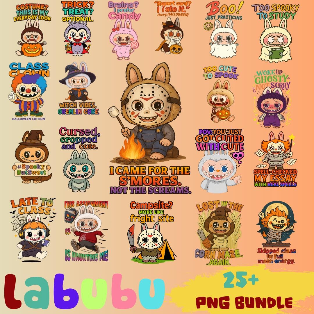 Labubu Halloween PNG Bundle, Cute Labubu Clipart, Funny Spooky School ...
