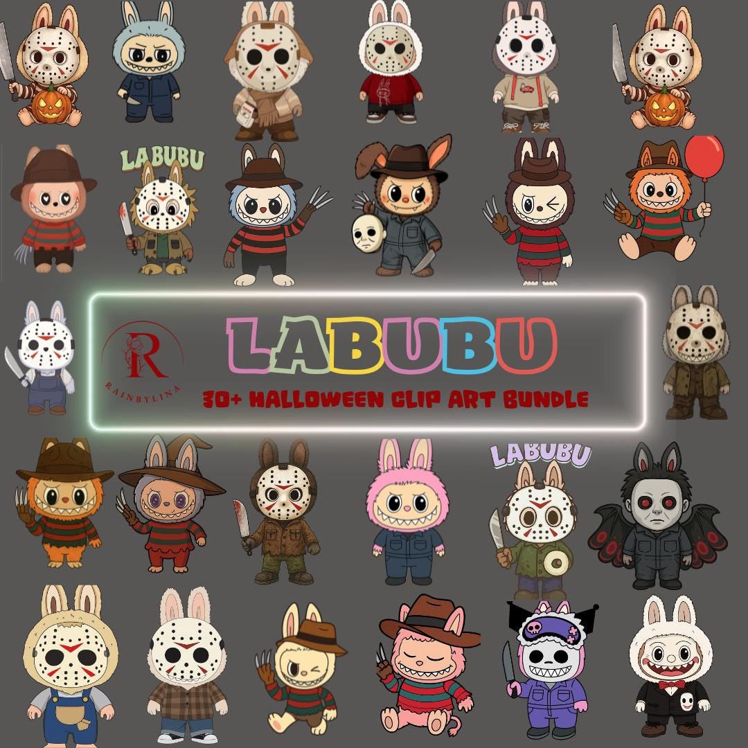 Halloween Labubu Clipart Set, Spooky Monster Doll PNG Bundle, Cute ...