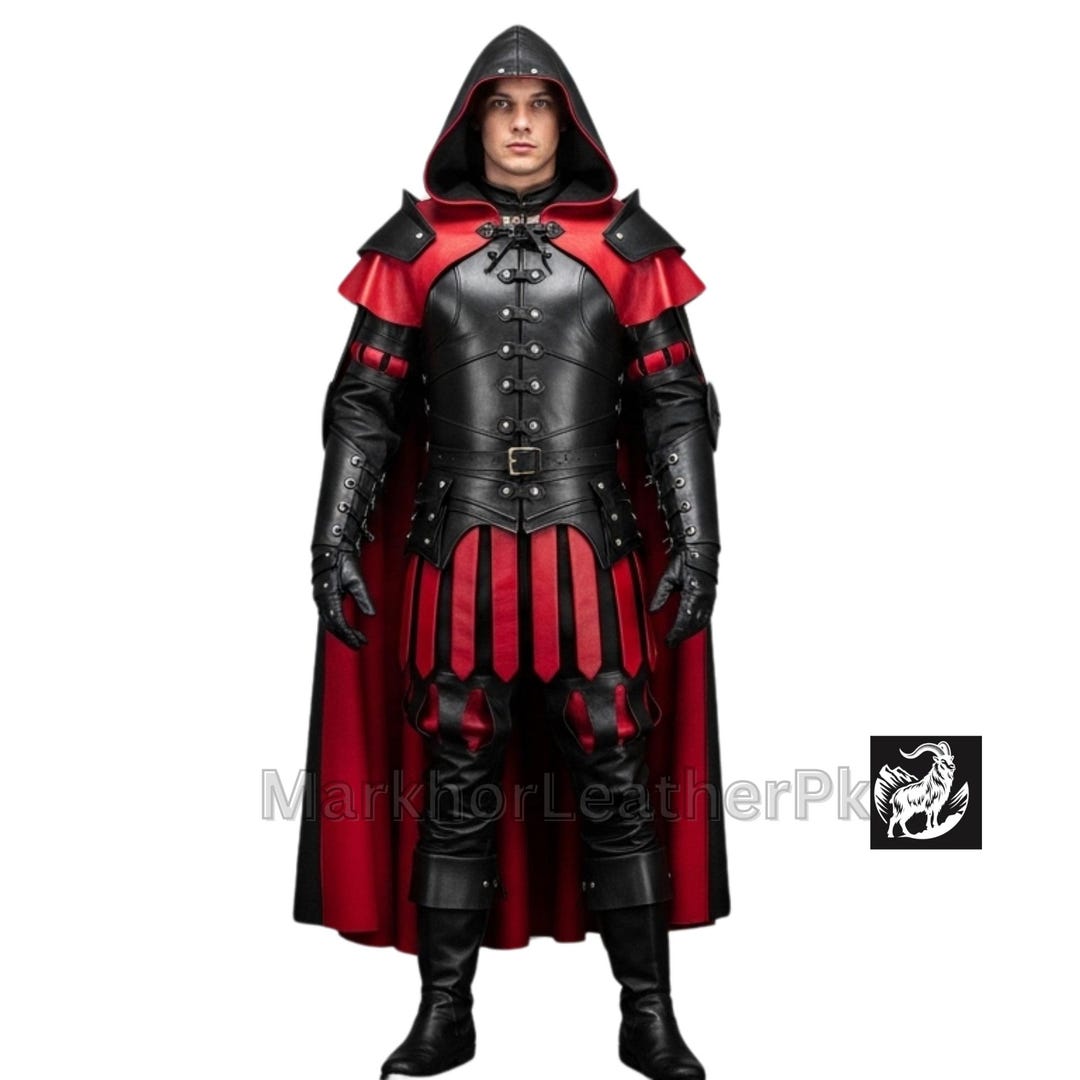 Red and Black Hooded Medieval Leather Armor and Cloak-handmade Medieval ...