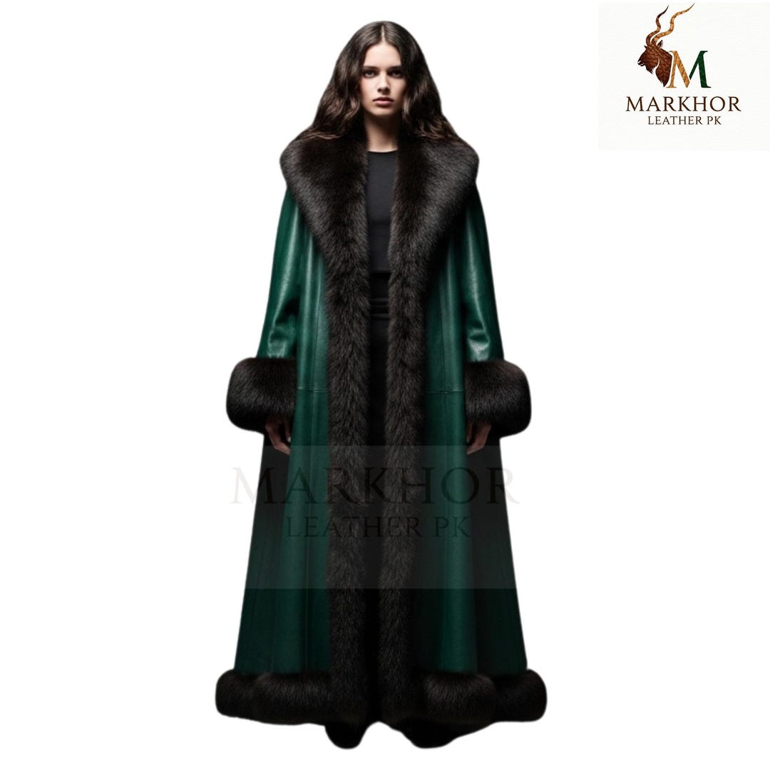 Handcrafted Emerald Green Leather Cloak: Black Fur Collar, Gothic ...