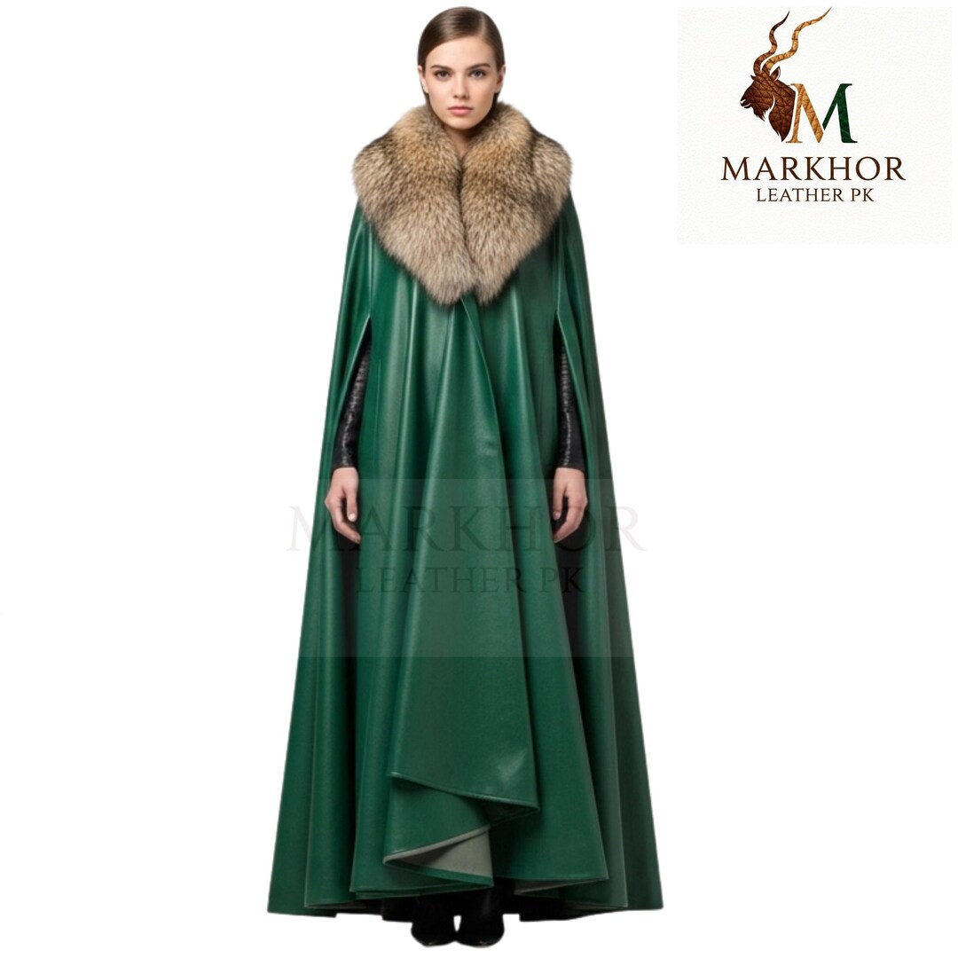 Handcrafted Green Leather Cloak: Natural Fur Collar, Cosplay, Medieval ...