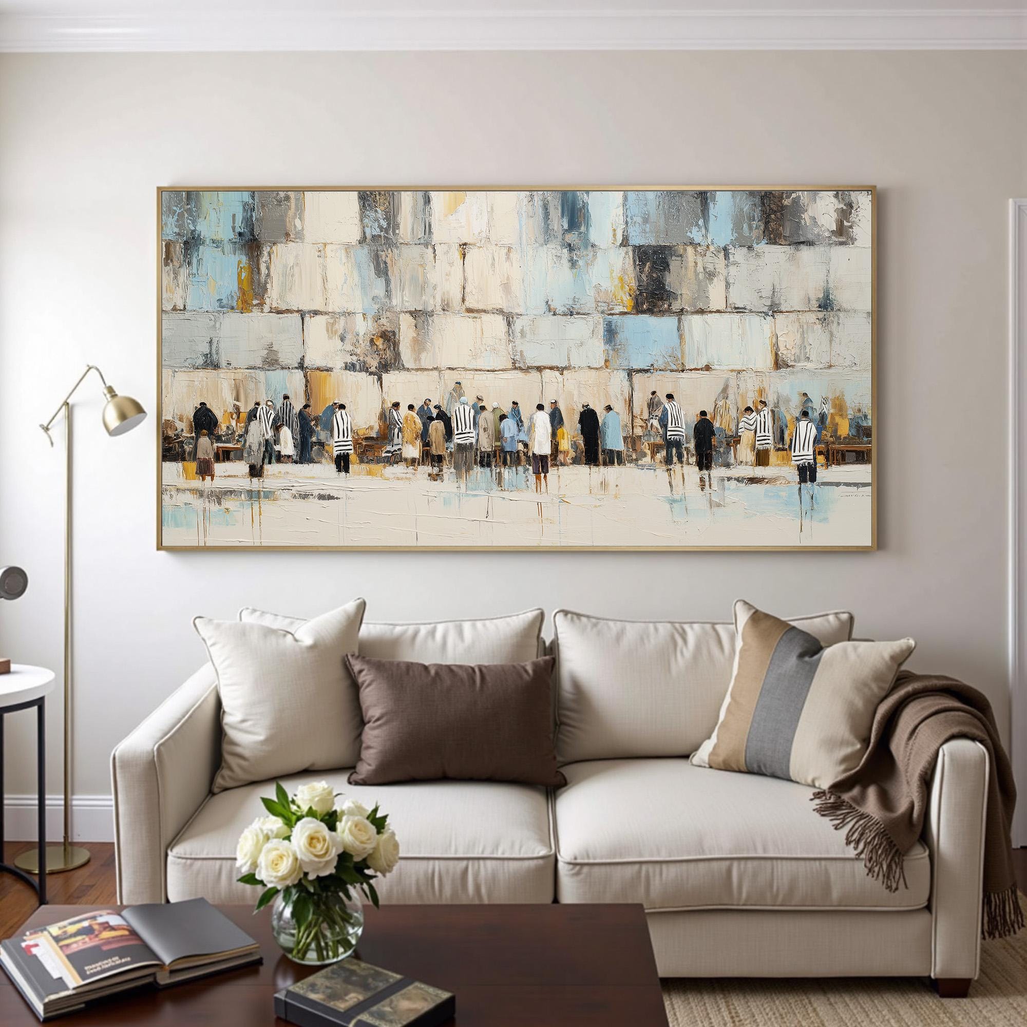 Textured Crowd Oil Painting, Beige Blue Abstract Canvas Art - Etsy