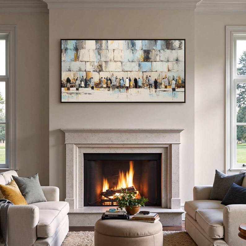 Textured Crowd Oil Painting, Beige Blue Abstract Canvas Art - Etsy