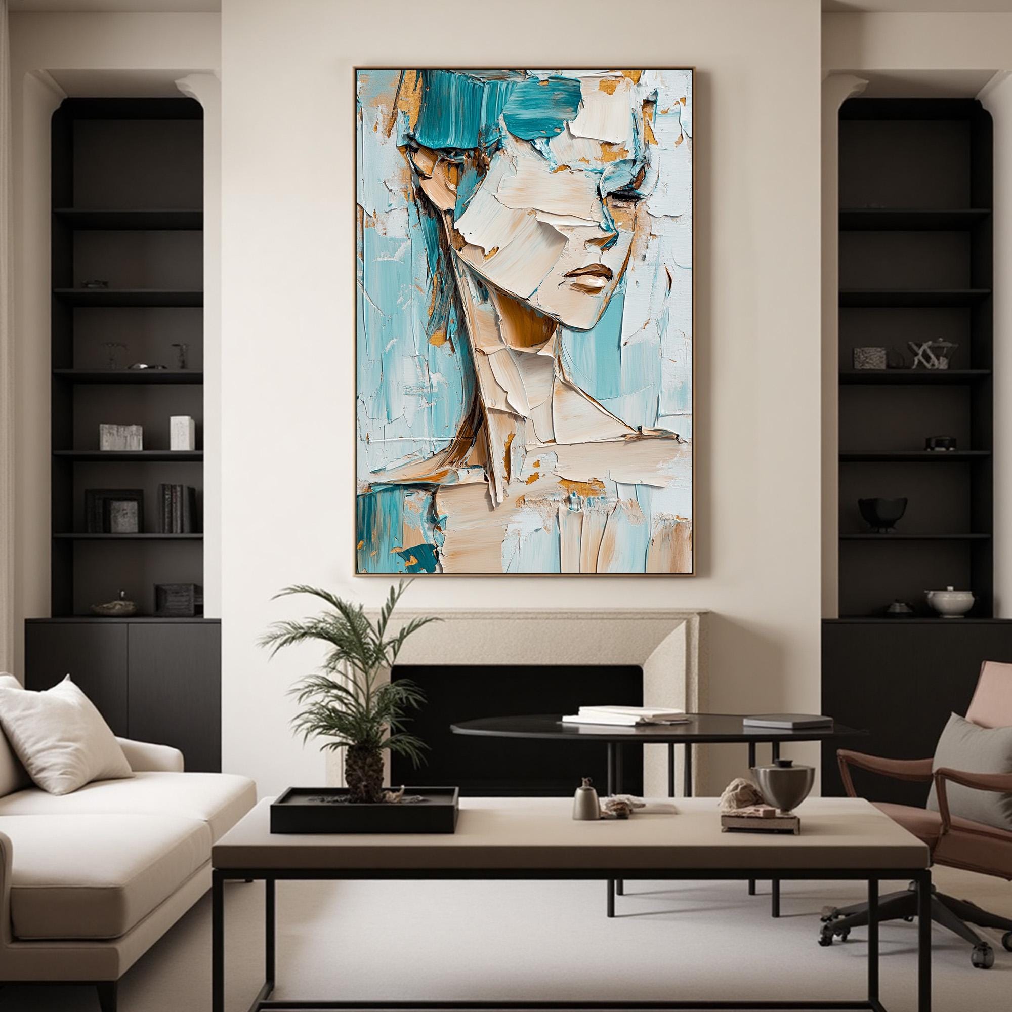 Textured Abstract Woman Portrait, Green Blue Palette Knife Painting ...