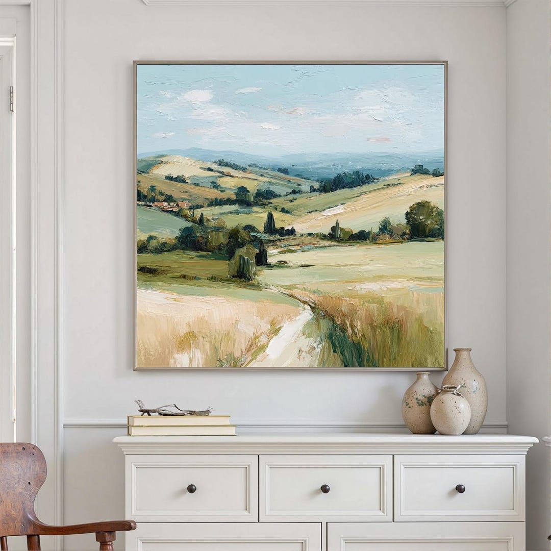 Hand-painted Countryside Landscape Painting, Large Abstract Hills ...