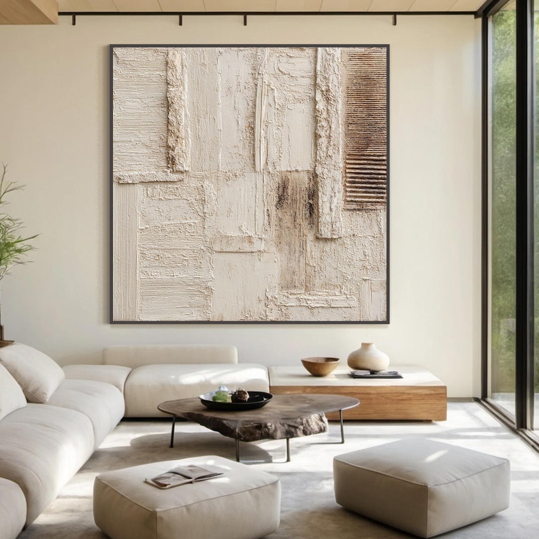 Textured Geometric Abstract Oil Painting, White Brown Earth Tones ...