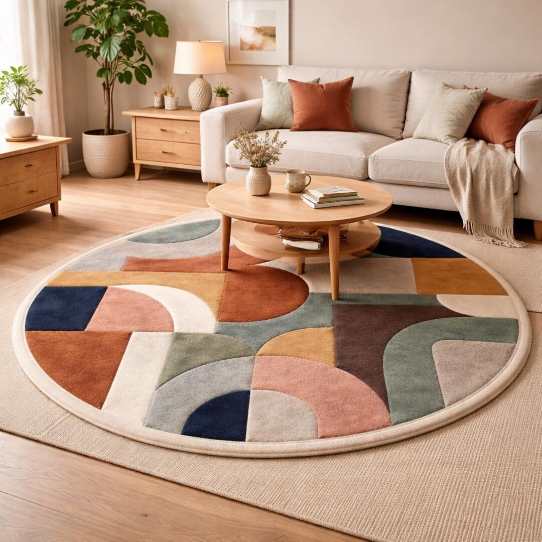 Hand Tufted Wool Round Rug, Abstract Geometric Area Rug, Modern ...