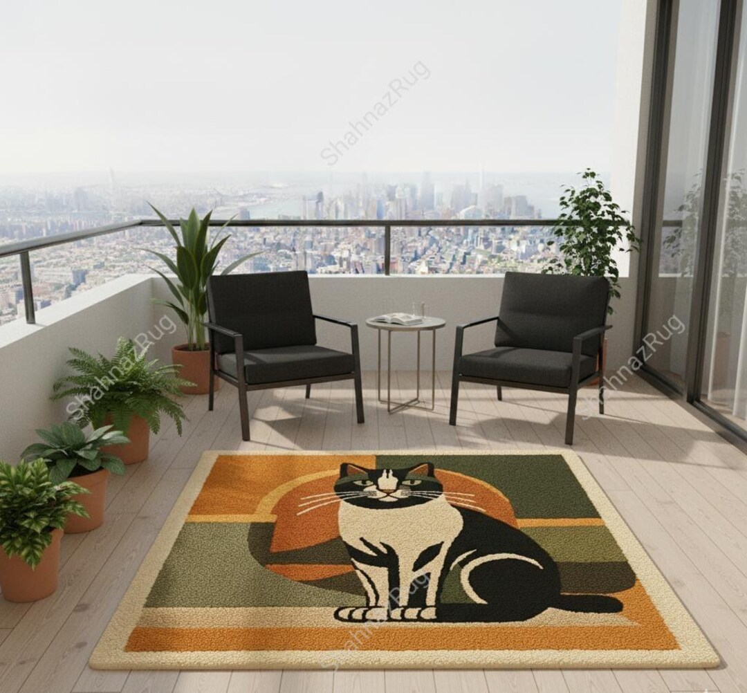 Retro Cat Design Rug-mid Century Modern Style Tufted Carpet for Cat ...