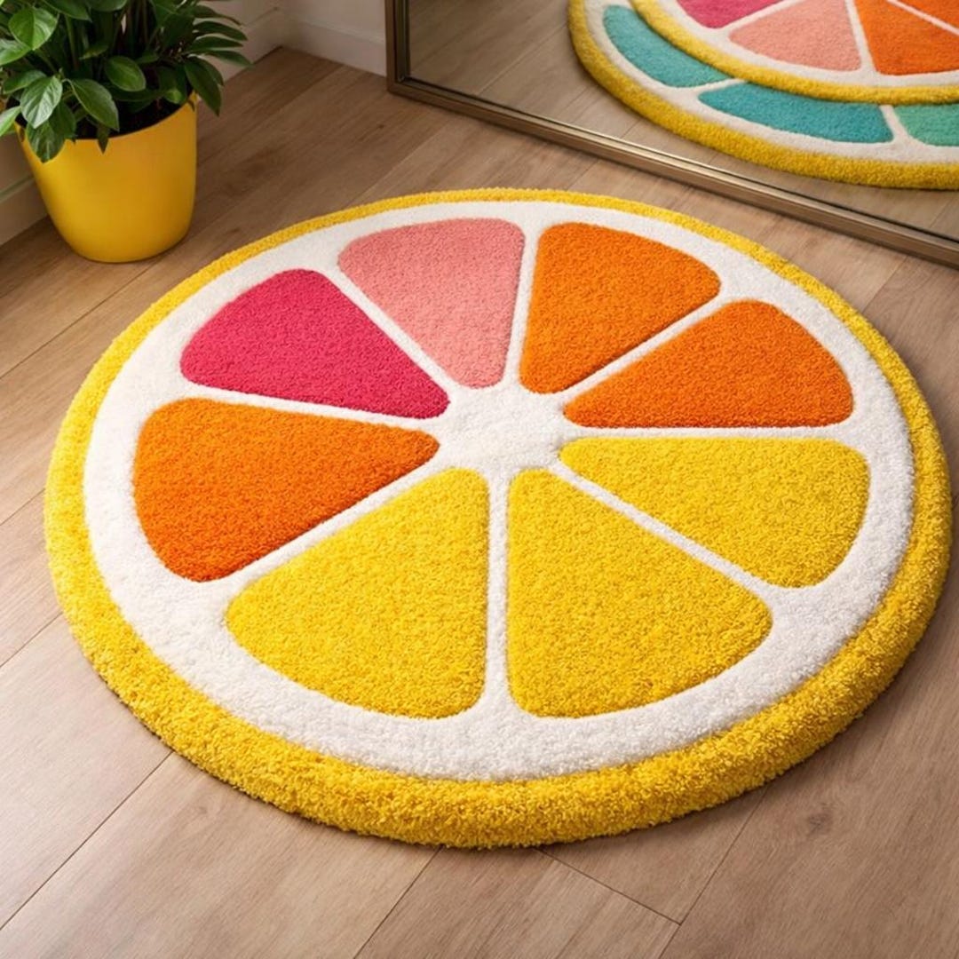 Orange Lemon Slice Round Rug – Handmade Tufted Fruit Rug, Bright Summer ...