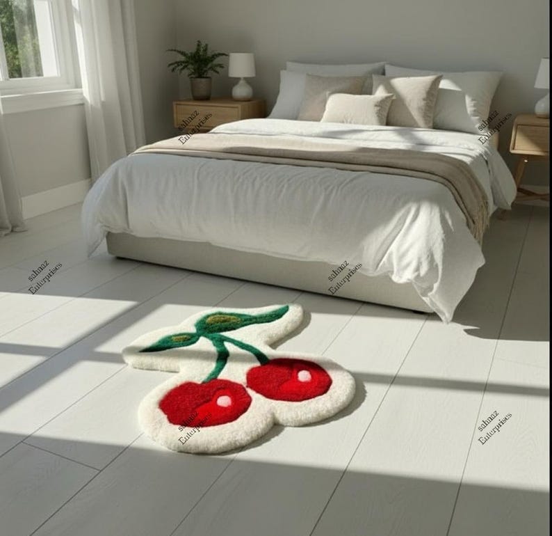 Handmade Cherry Tufted Rug – Cute Fruit Shaped Floor Mat – Red Cherry ...