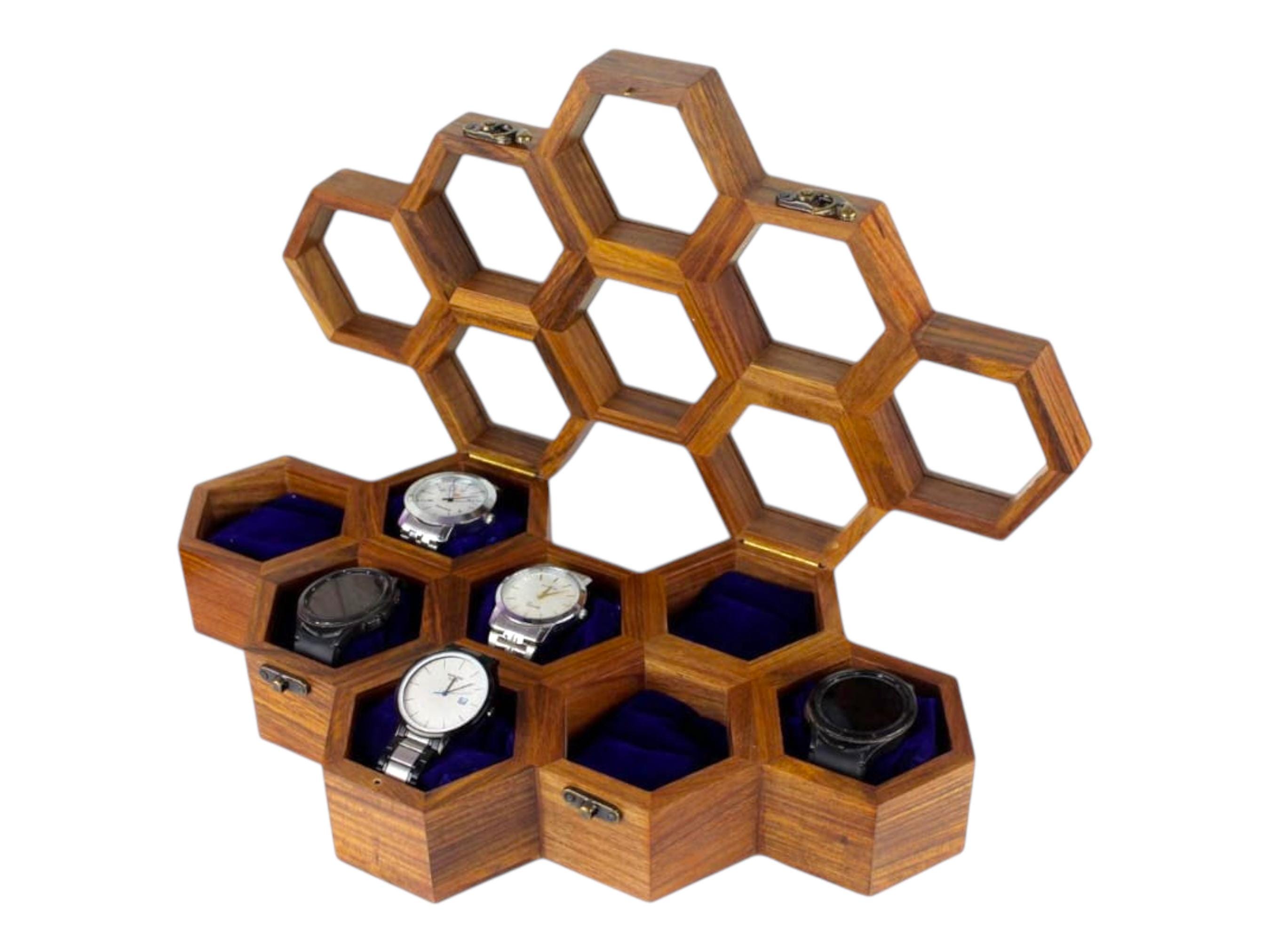 Wooden Hexagon Watch Display Box: Velvet Lined Honeycomb Watch ...