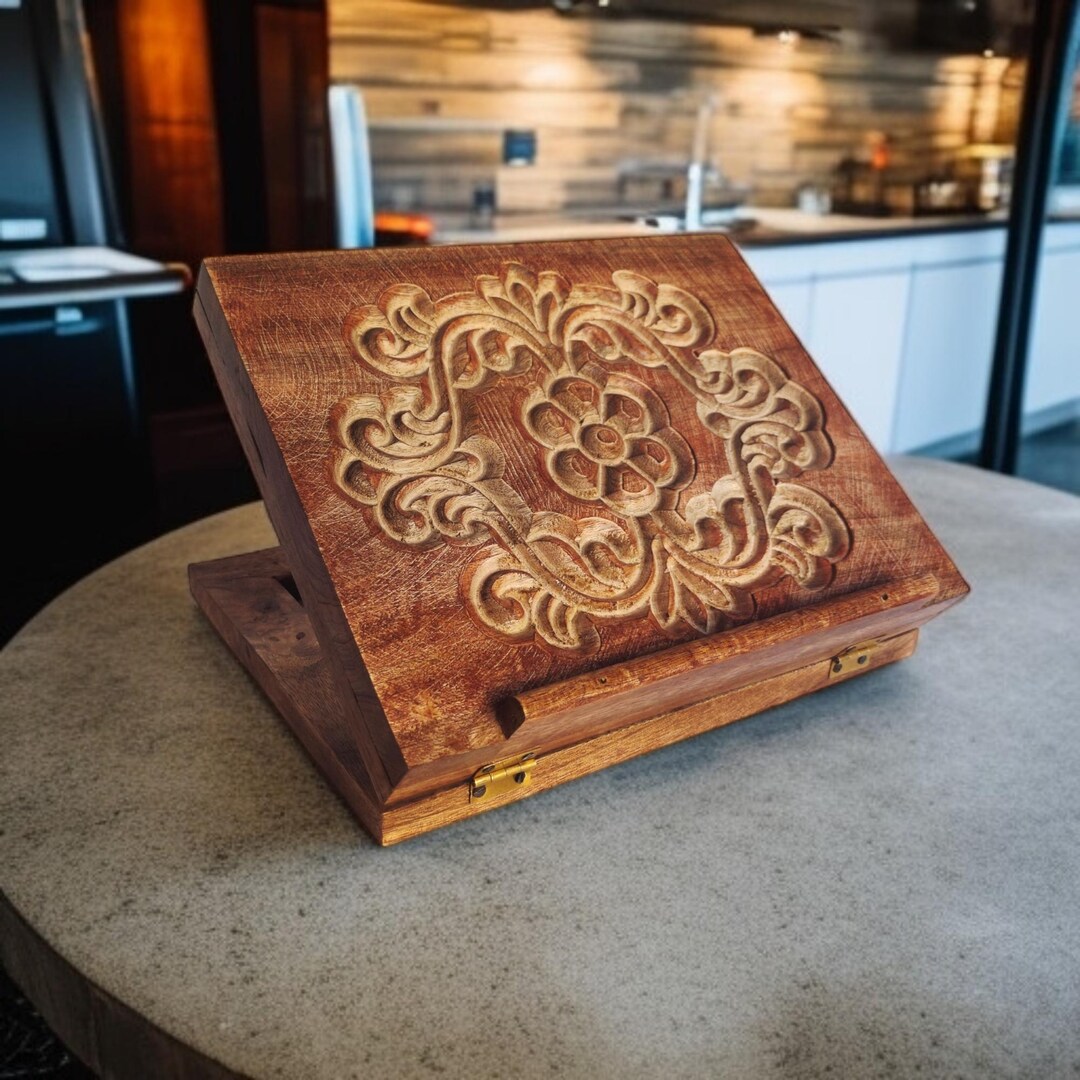 Handcrafted Wooden Book Stand – Floral Carved Design, Rustic Holder for ...