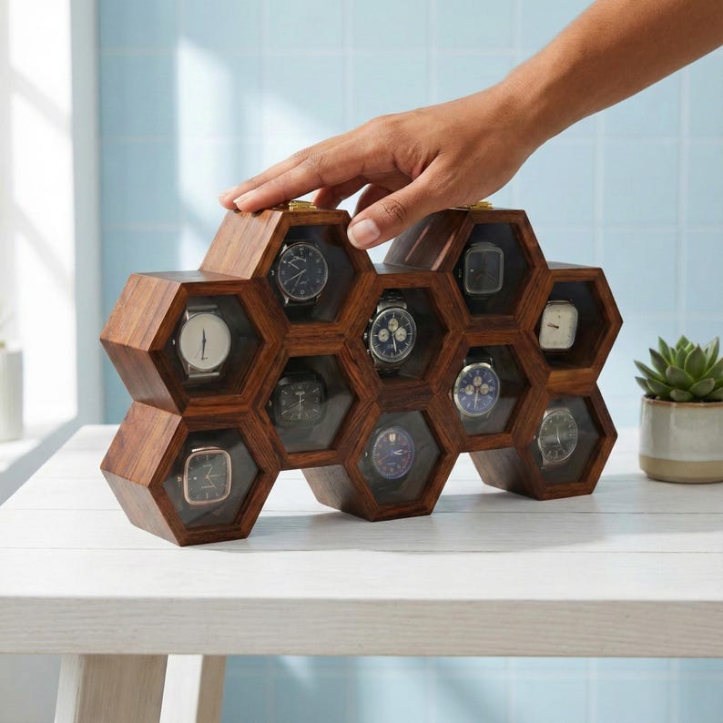 Wooden Hexagon Watch Display Box: Velvet Lined Honeycomb Watch ...