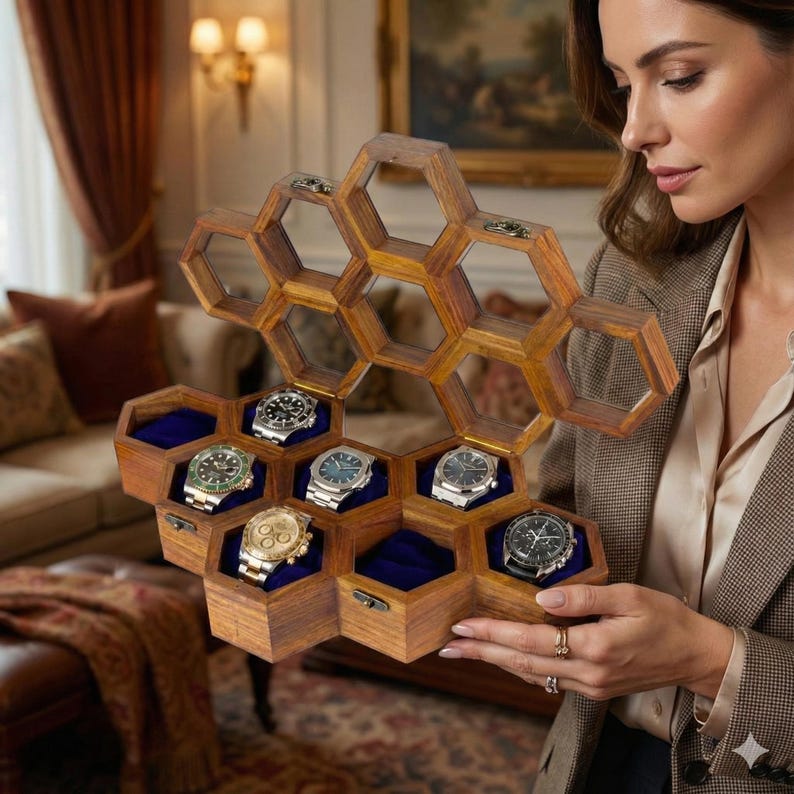 Wooden Hexagon Watch Display Box: Velvet Lined Honeycomb Watch ...