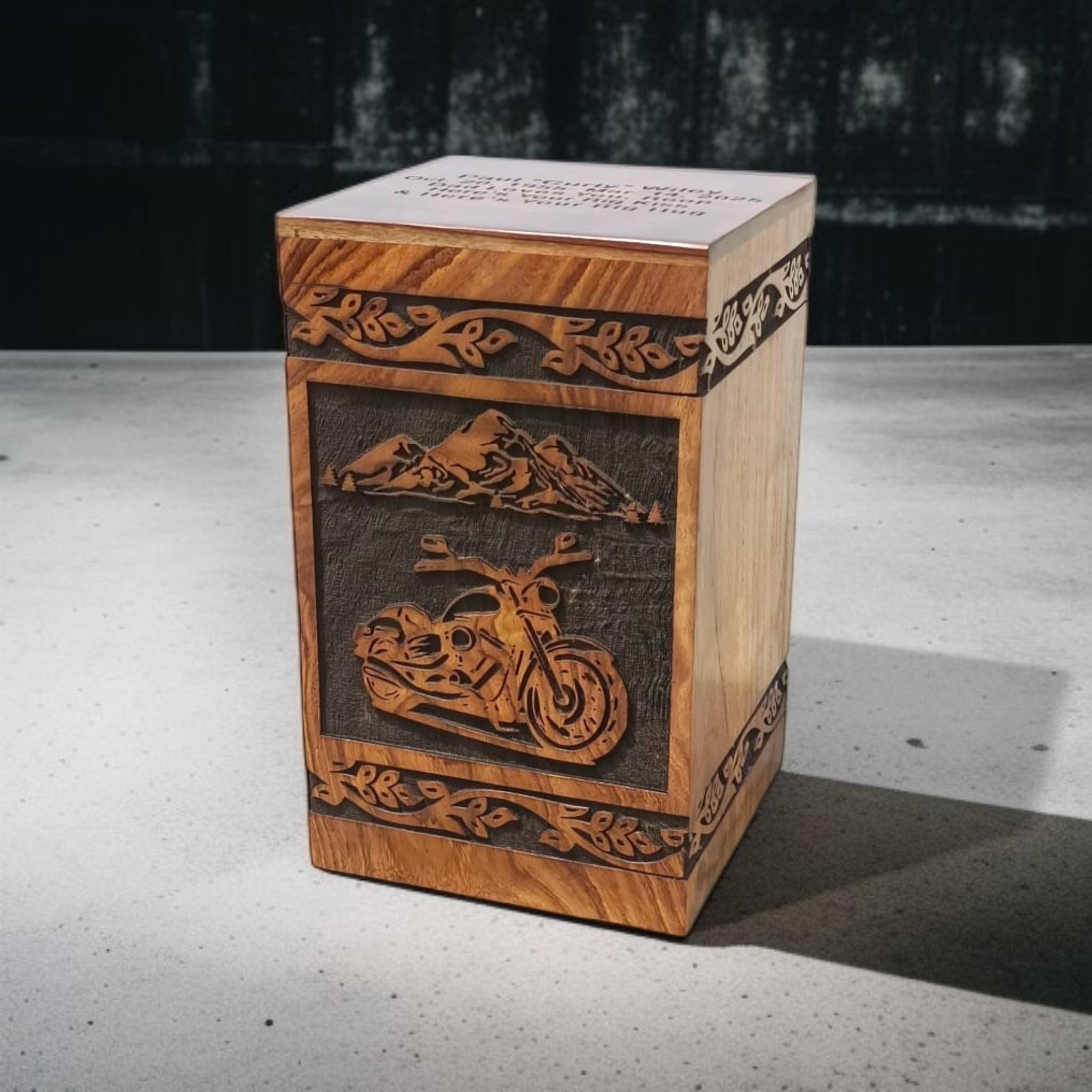 Handcrafted Wooden Motorcycle Urn: Mountain & Bike Carved Memorial Box ...