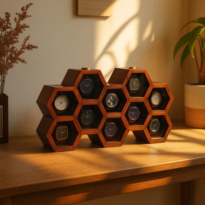 Wooden Hexagon Watch Display Box: Velvet Lined Honeycomb Watch ...