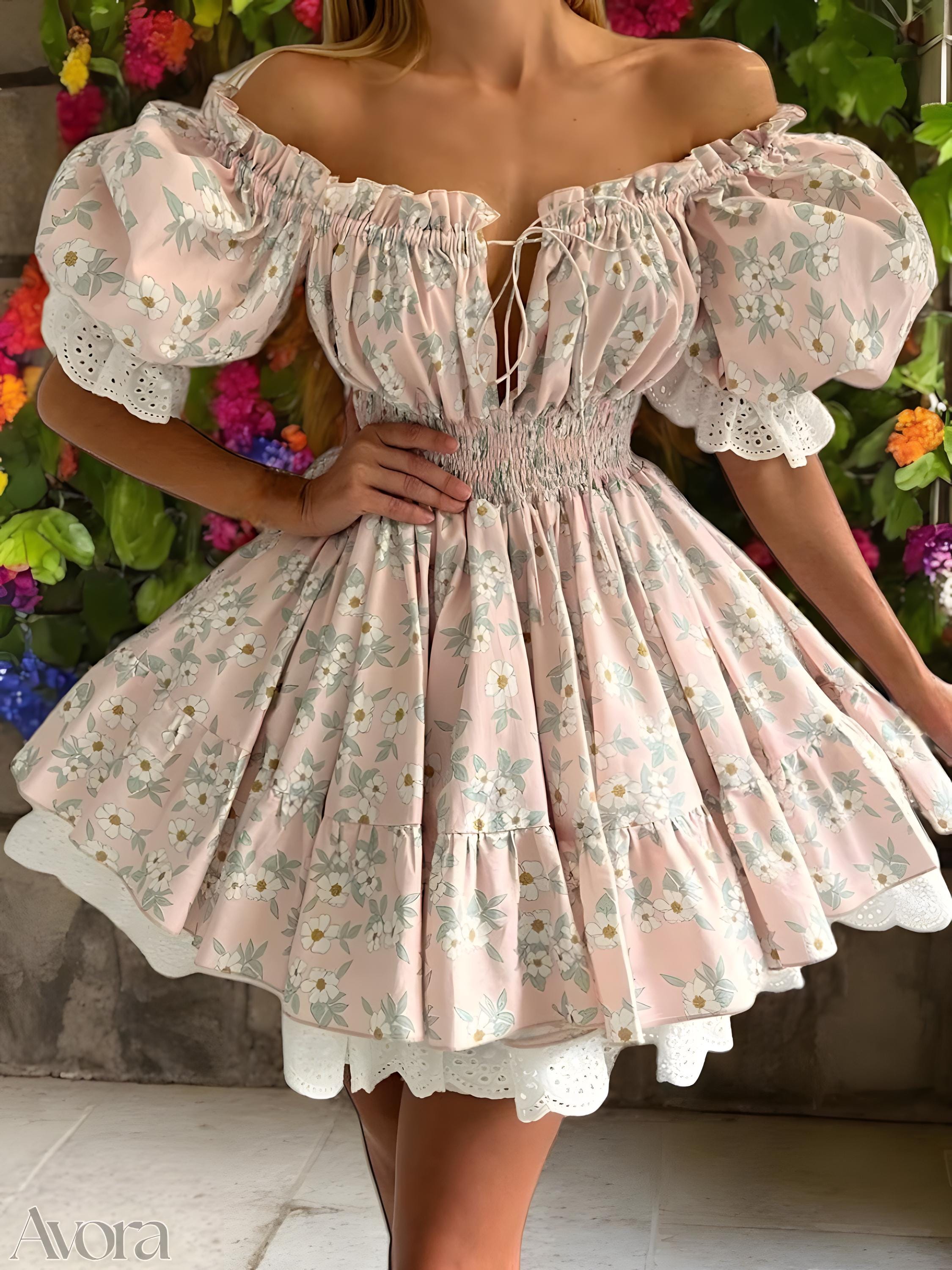 Cottagecore Floral Puff Sleeve Dress, Off-shoulder High Waist Ruffle ...