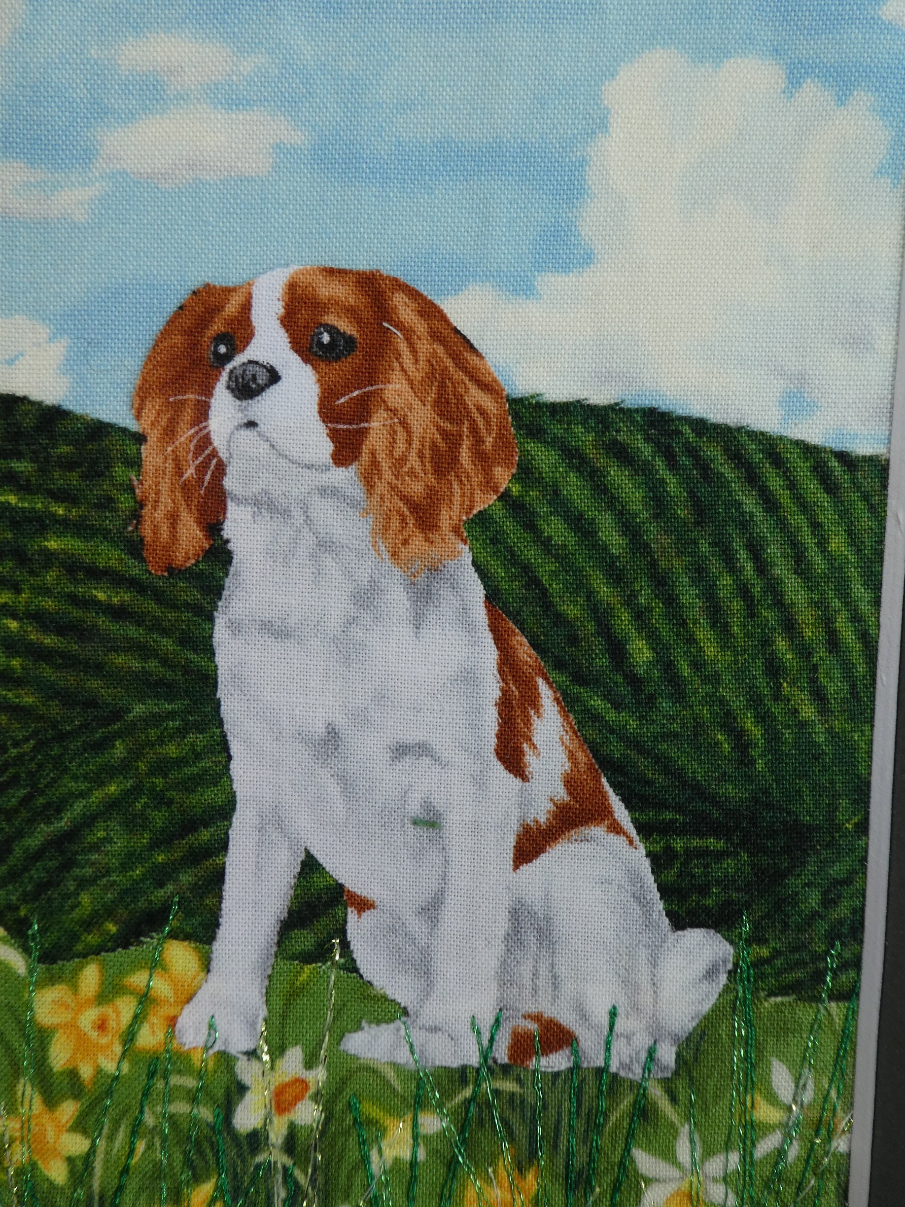 Fabric Textile Art Cavalier King Charles Spaniel Woodland glade mounted ...