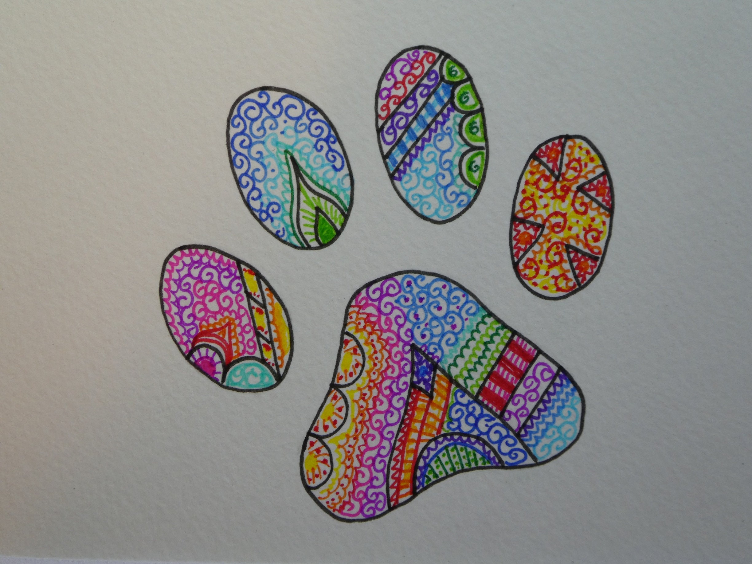 Original Ink Pen Dog Bright Mandala Paw Print Drawing 1 of 1