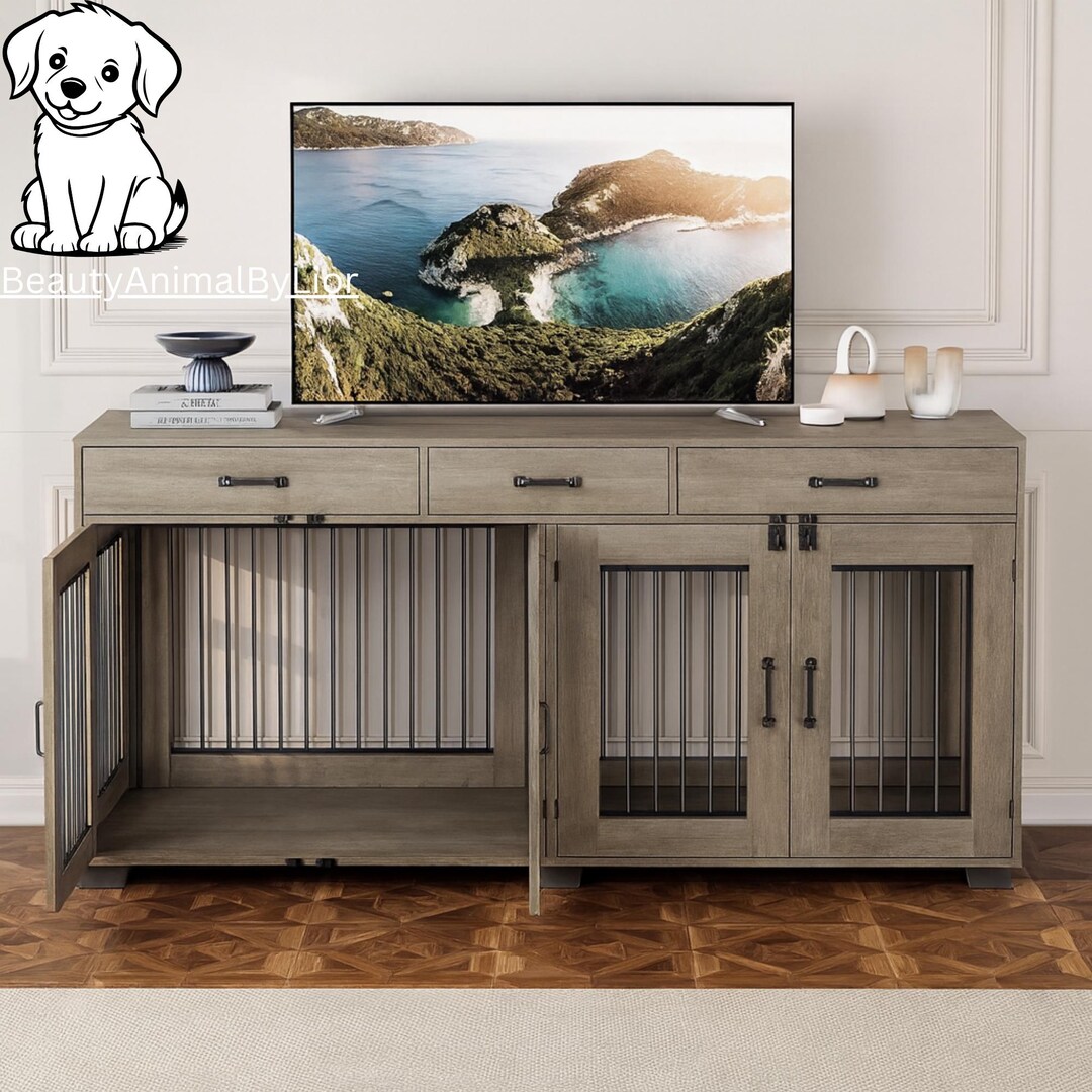 Double Dog Crate | Indoor Dog Kennel With 3 Storage Drawers and ...